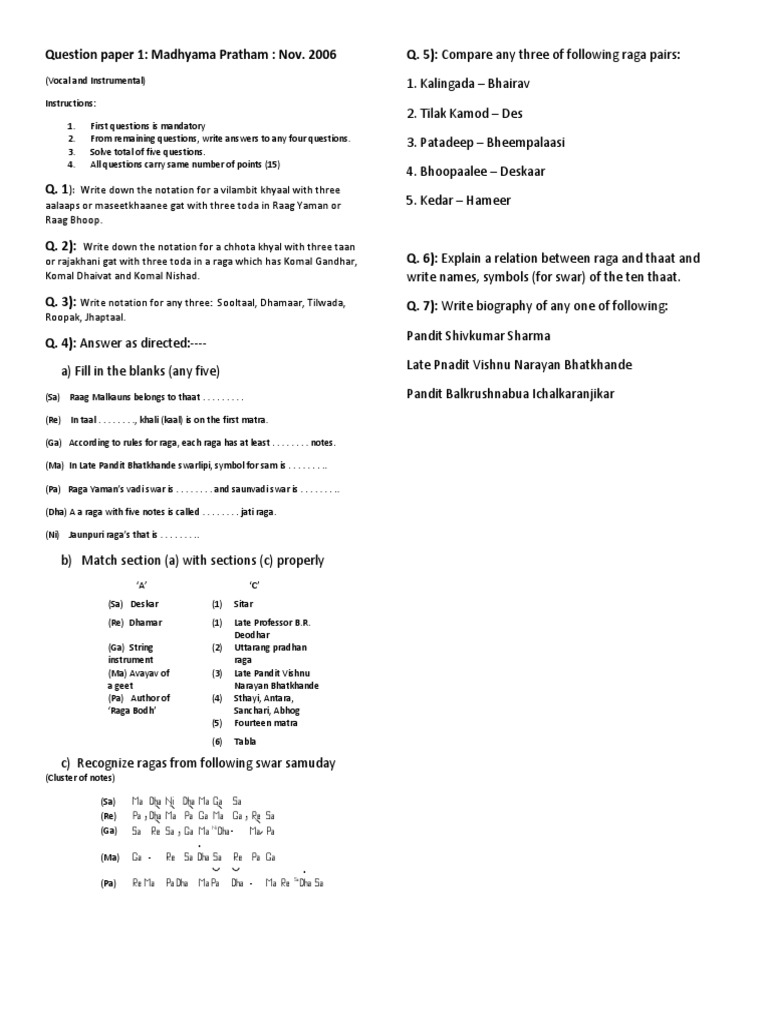 Madhyama Pratham Question Papers 2006-2007 | PDF | Classical And Art ...