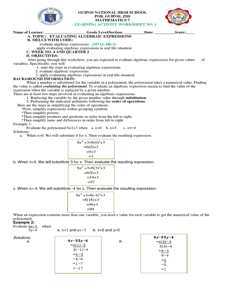 Worksheet g7 Evaluating Algebraic | PDF | Polynomial | Variable (Mathematics)