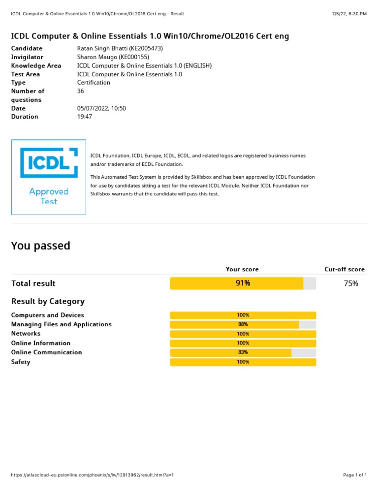 ICDL Computer Essentials Test Results | PDF