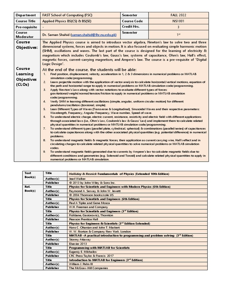 Applied Physics - Course Outline - FALL 2022 Ver 4 | PDF | Force | Waves