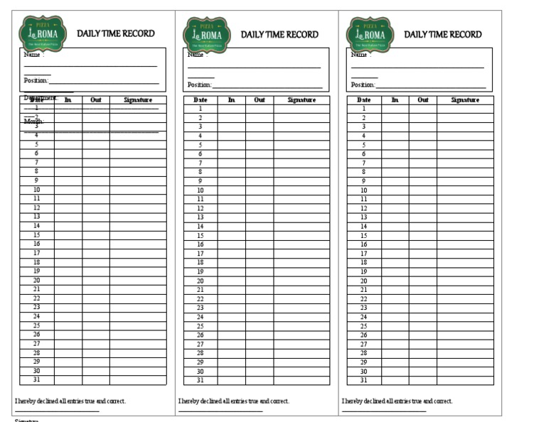 Daily Time Record Daily Time Record Daily Time Record: Date in Out ...