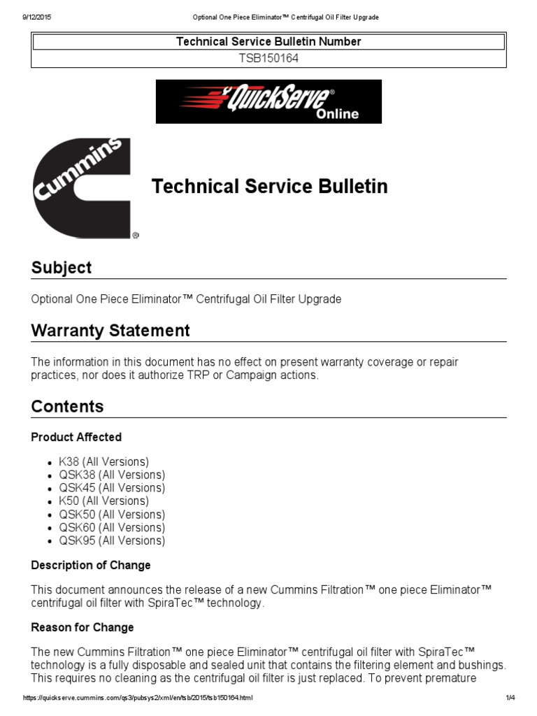 Optional One Piece Eliminator™ Centrifugal Oil Filter Upgrade | PDF ...