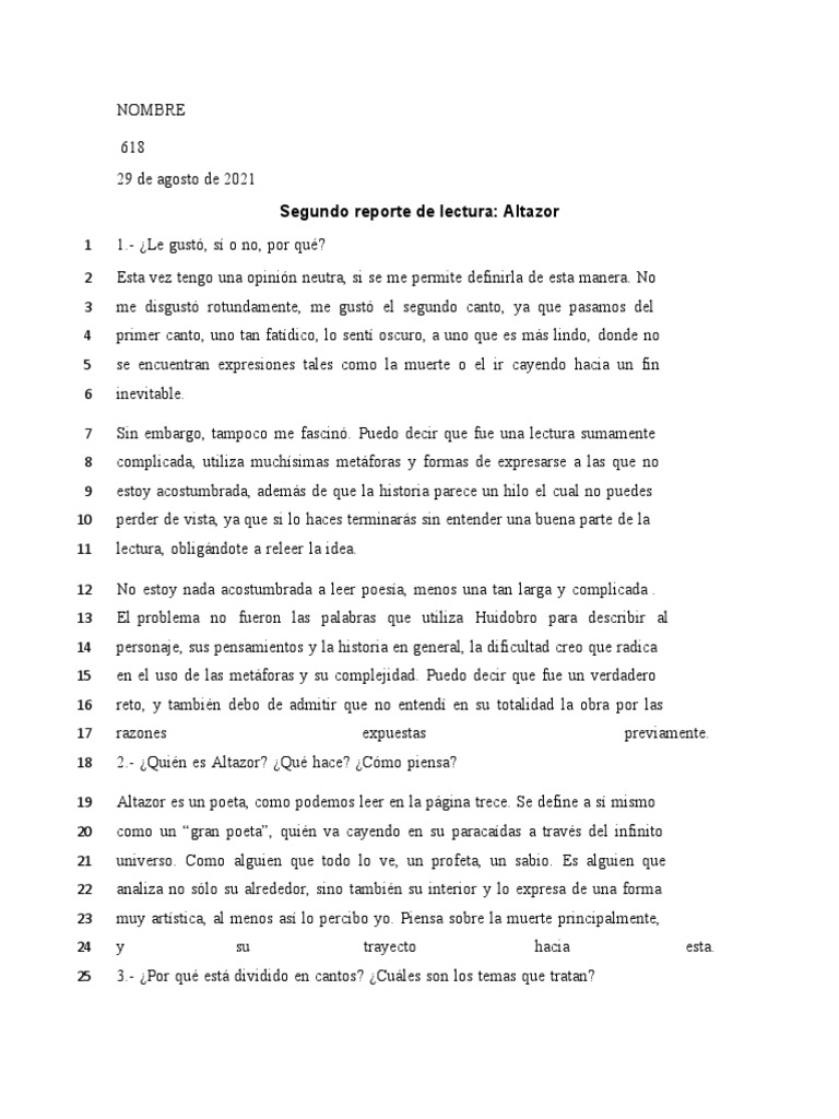 618 - Reporte de Lectura Altazor de Vicente Huidobro | PDF | Poesía ...