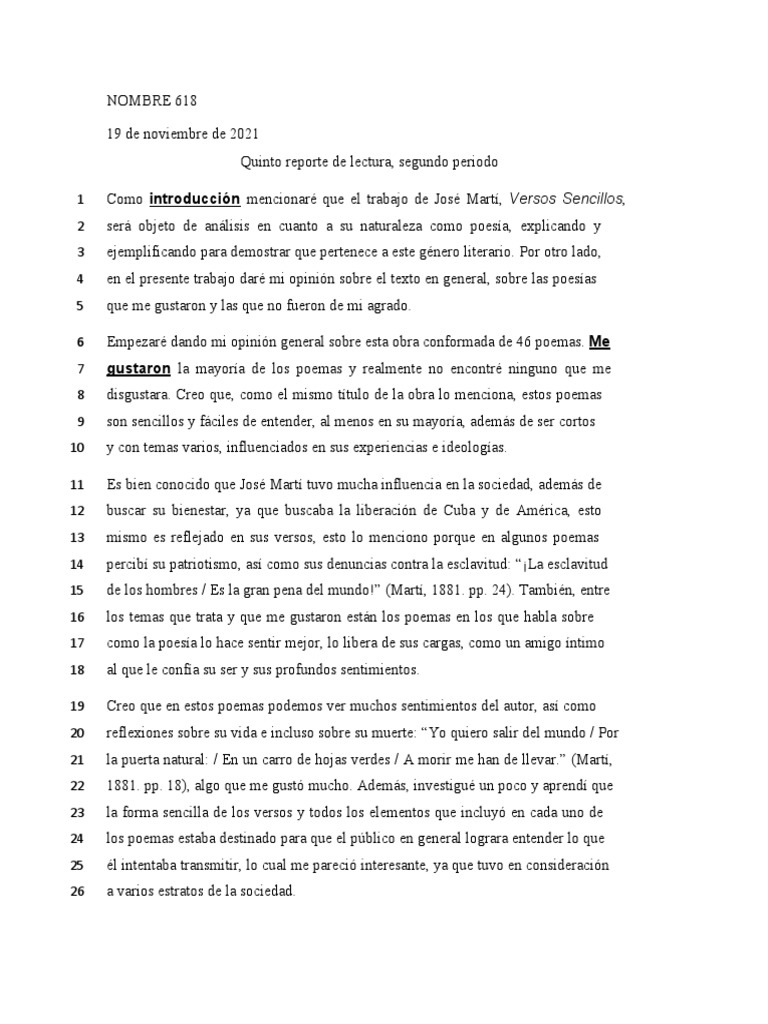 618 - Reporte de Lectura Versos Sencillos de Jose Marti | PDF | Poesía