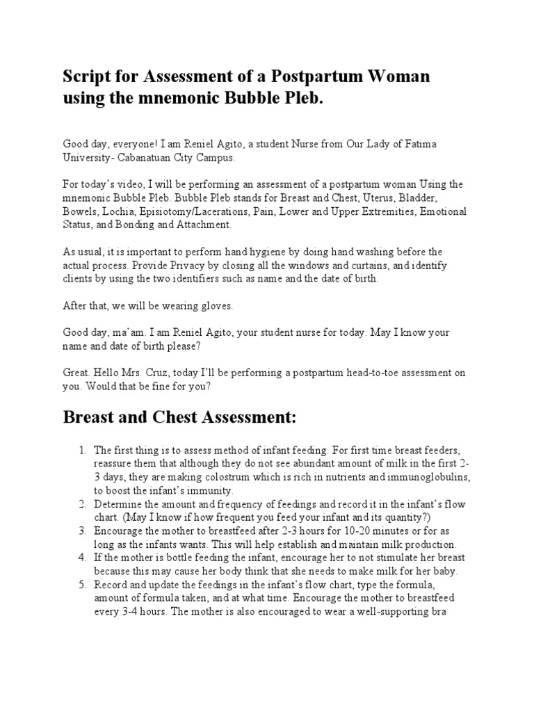 Postpartum Assessment Using Bubble Pleb | PDF | Breast Milk | Breastfeeding