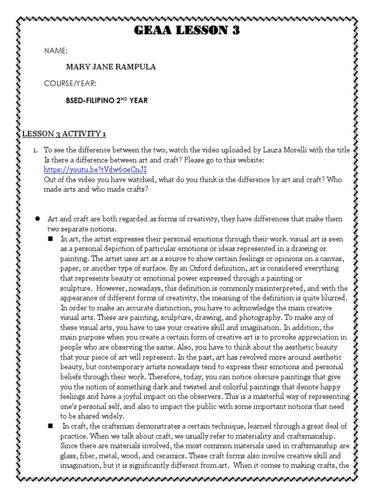 Mary Jane Rampula - 2ND Year Bsed Fil - Geaa Activity | PDF | Crafts ...