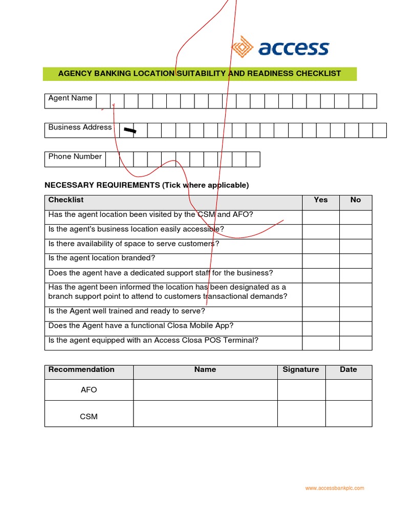 Agency Banking Location Suitability and Readiness Checklist | PDF ...