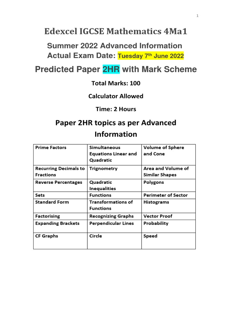 Edexcel Maths IGCSE 2022 Predicted Paper 2HR | PDF | Circle | Geometric Shapes