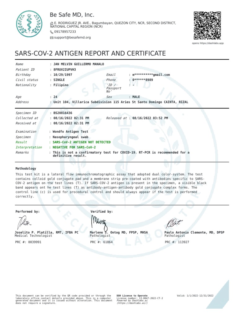 SARS-CoV-2 Antigen Test Certificate | PDF | Clinical Medicine | Medical ...