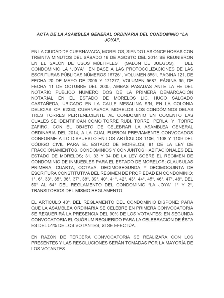ACTA DE LA ASAMBLEA GENERAL ORDINARIA DEL CONDOMINIO LA JOYA. - PDF | PDF