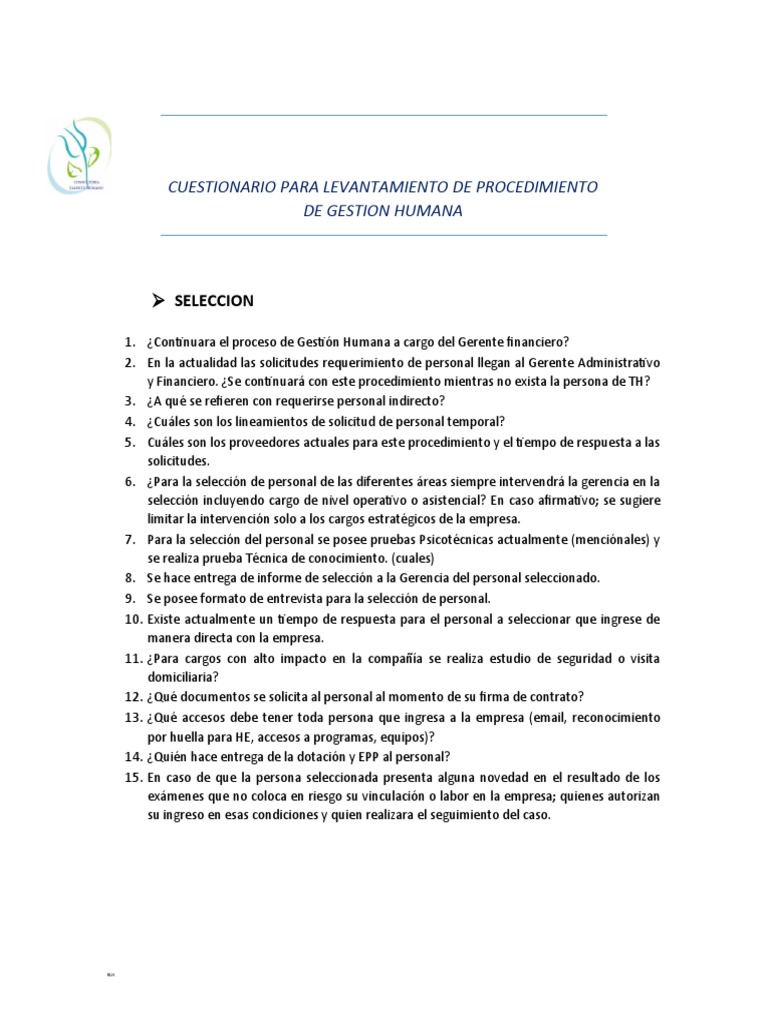 Cuestionario Levantamiento Proccesos | PDF | Evaluación | Gestión de recursos humanos
