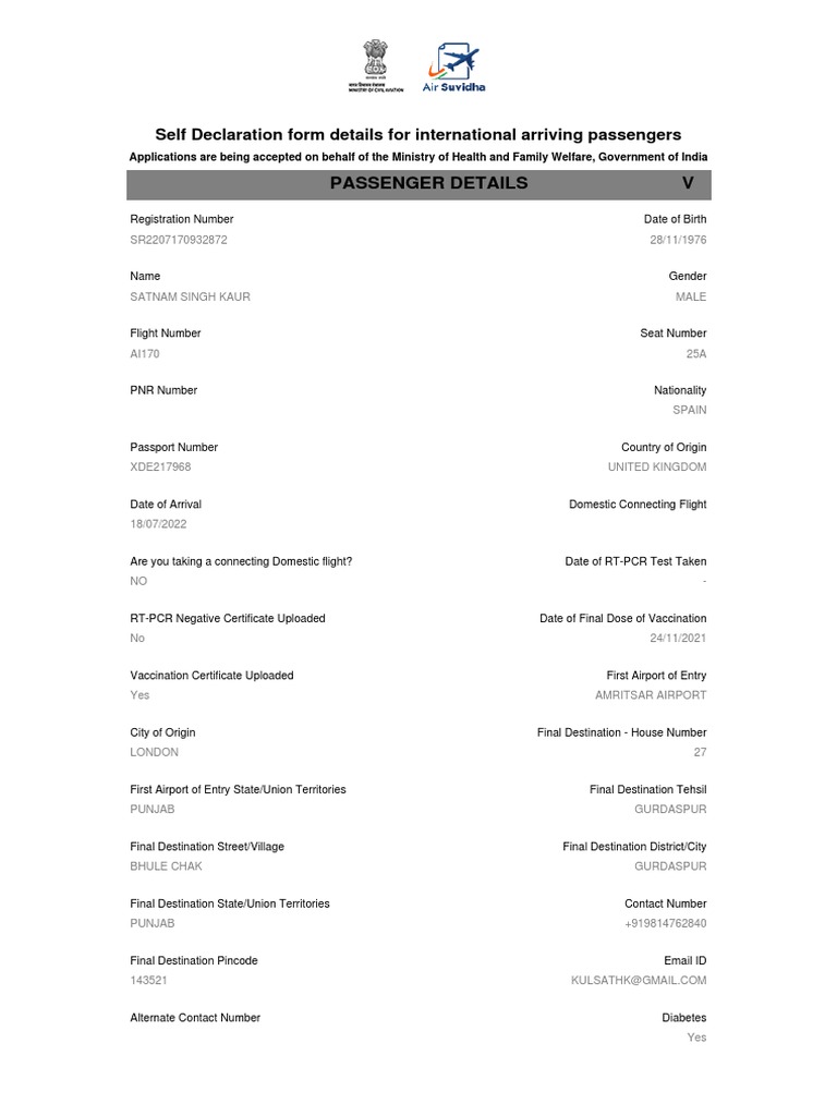 Self Declaration Form Details For International Arriving Passengers | PDF