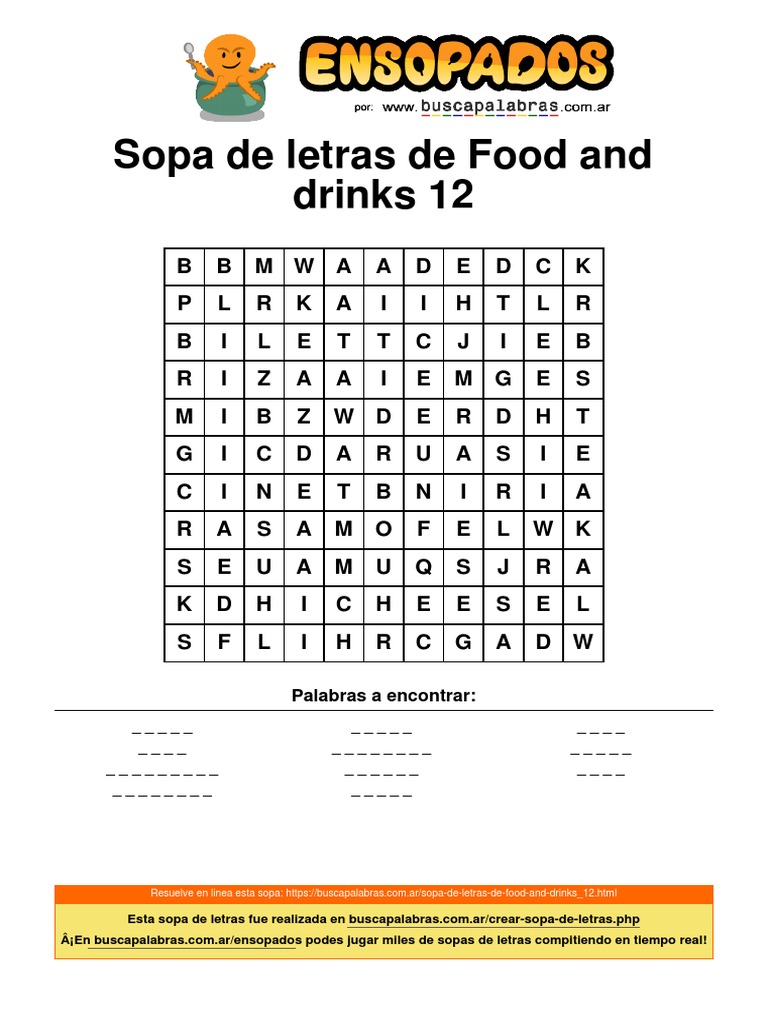 Sopa de Letras de Food and Drinks - 12 | PDF