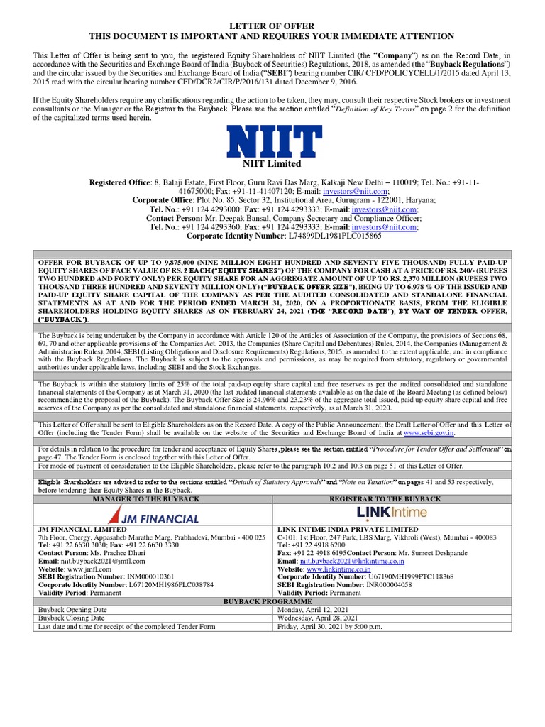 NIIT - Letter of Offer | PDF | Share Repurchase | Stocks
