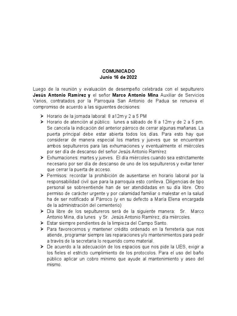 Comunicado Atencion Cementerio Parroquial. | PDF