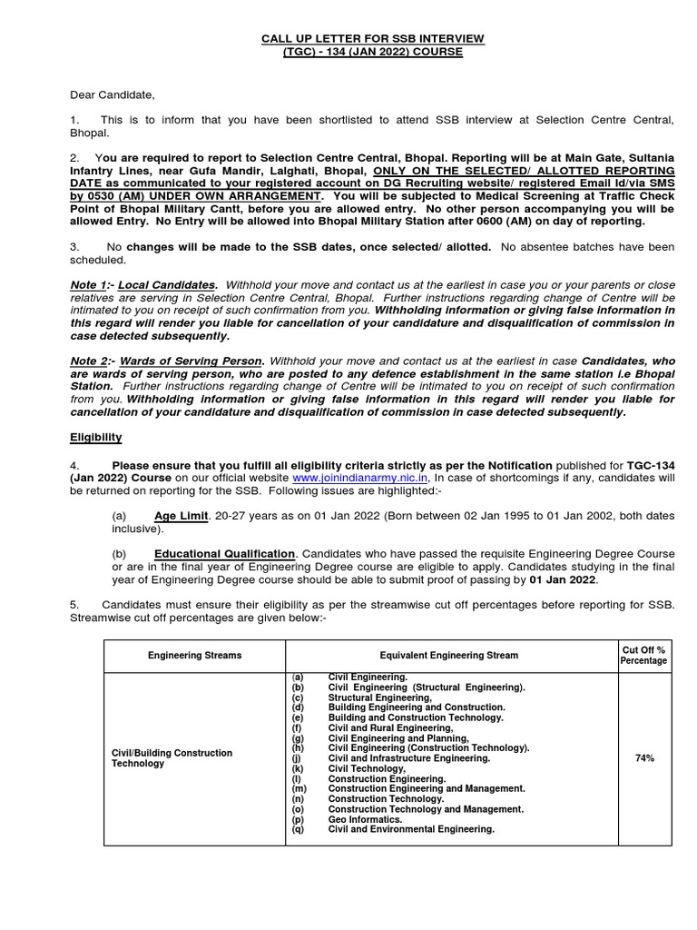 Call Up Letter SCC Bhopal For TGC 134 Course | PDF | Aerospace ...