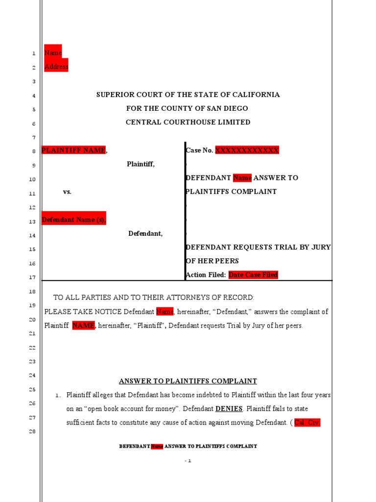Defendant Name Answer To Plaintiffs Complaint | PDF | Complaint | Lawsuit