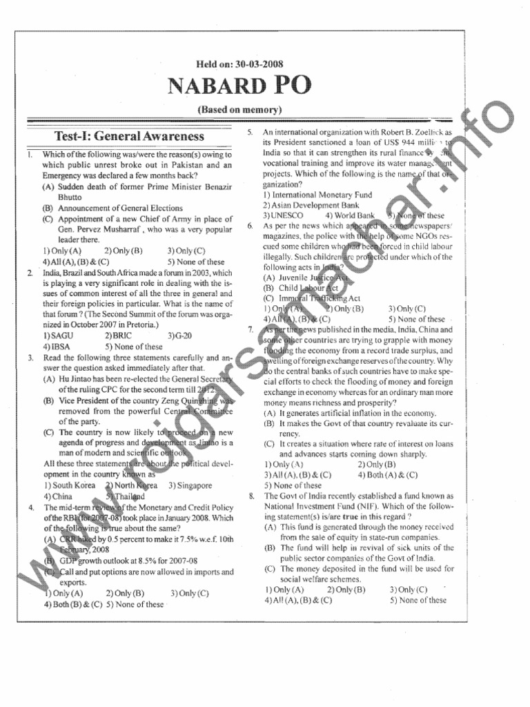 NABARD PO Exam 2008 Full Paper Scribd | PDF | Business