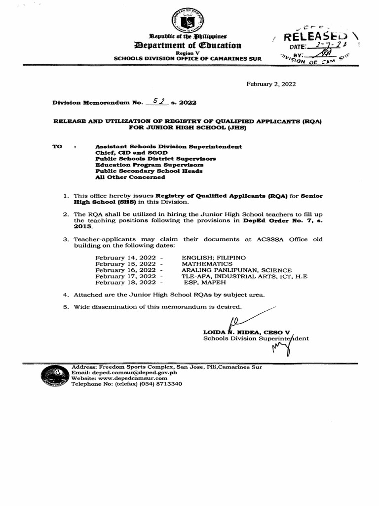 052 S. 2022 JHS-RQA | PDF | Educational Stages | School Types
