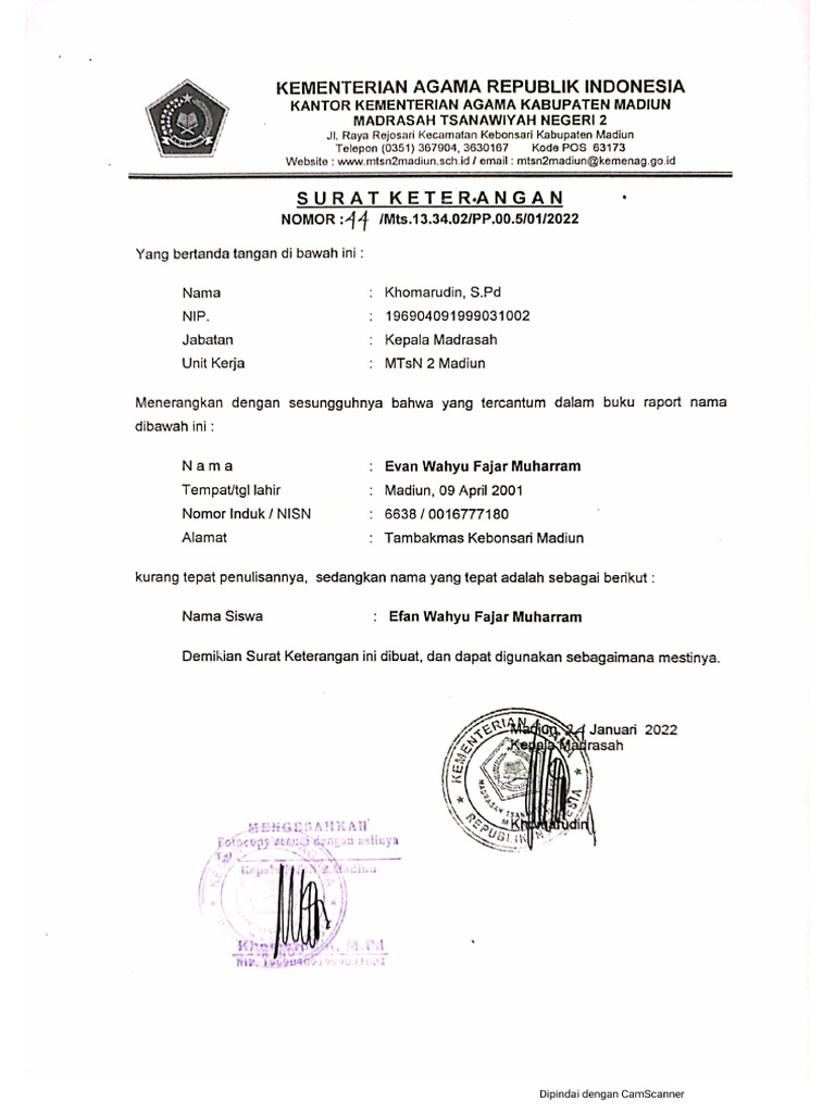 Surat Keterangan Rapot Mts | PDF
