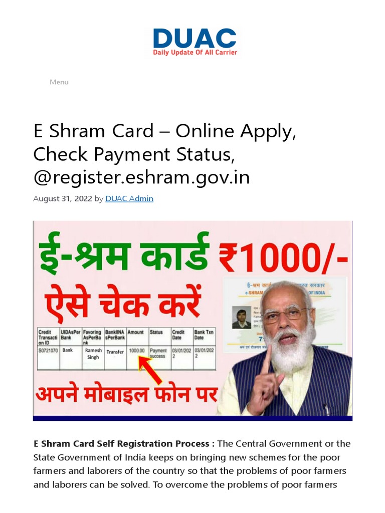 E Shram Card - Online Apply, Check Payment Status, @register - Eshram ...