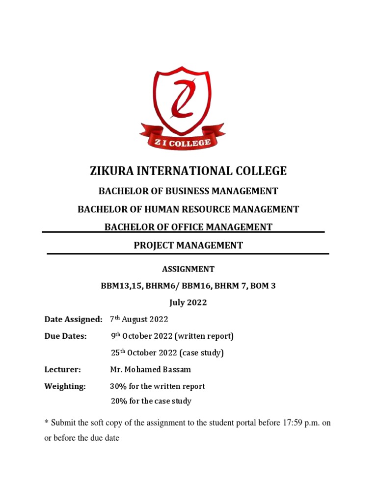 Project Management Assignment - BBM13,15, BHRM6, BBM16, BHRM 7, BOM 3 ...