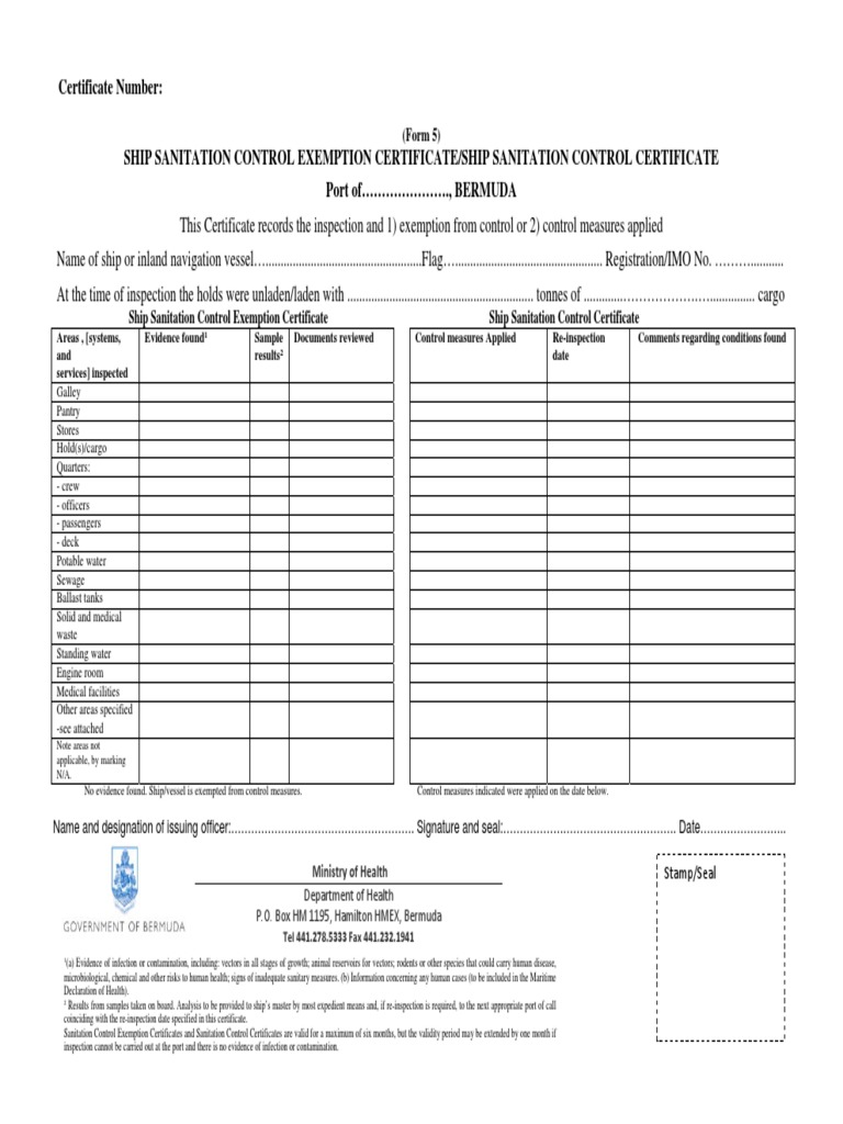 Form 5 - Ship Sanitation Certificate Template (9.7 - 0 | PDF ...
