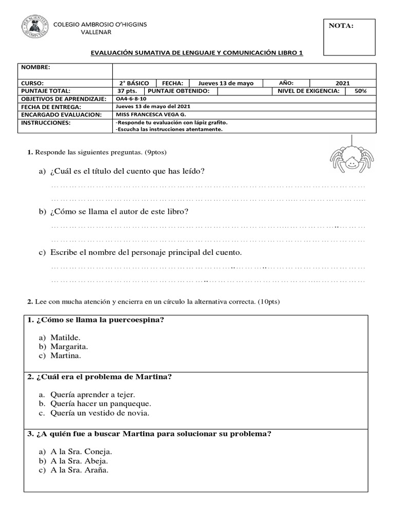 Evaluacion Sumativa Libro N1 El Problema De Martina Pdf 8891