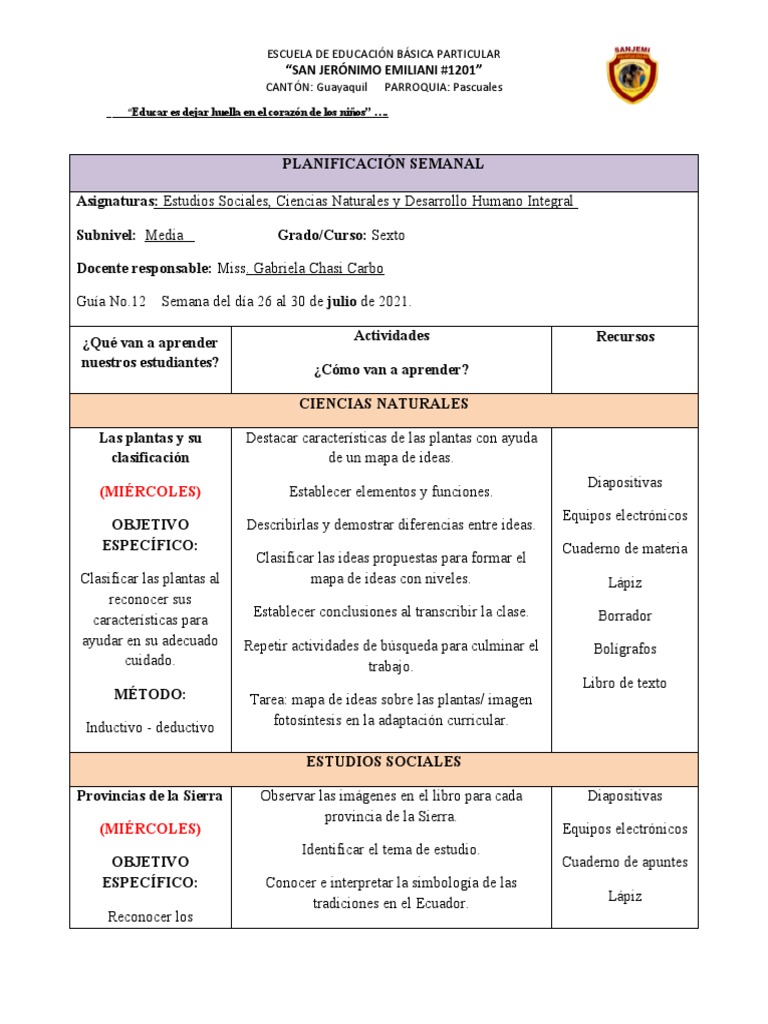 Planificación Semanal 6to Grado | PDF | Ecuador | Educación primaria