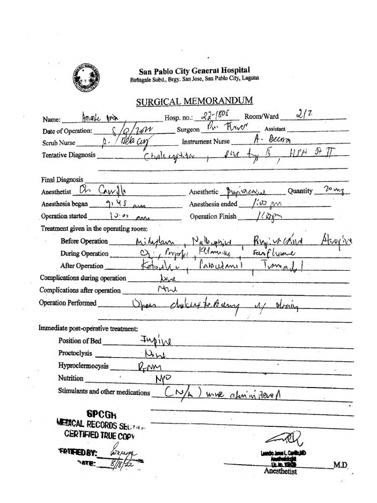 Surgical Memorandum SPCGH | PDF