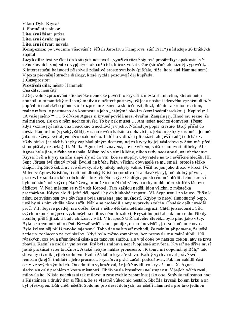 Viktor Dyk Krysař-Rozbor Díla | PDF