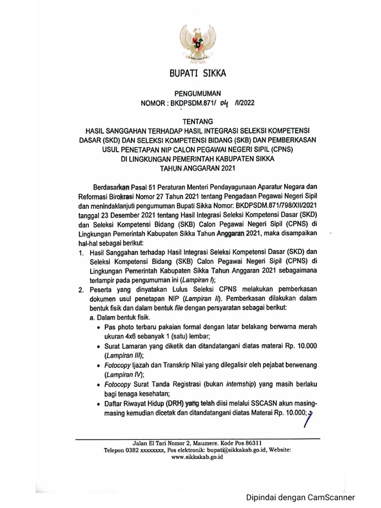 Pengumuman Hasil Sanggah SKD-SKB Dan Pemberkasan Nip CPNS Pemkab Sikka T.A. 2021 | PDF