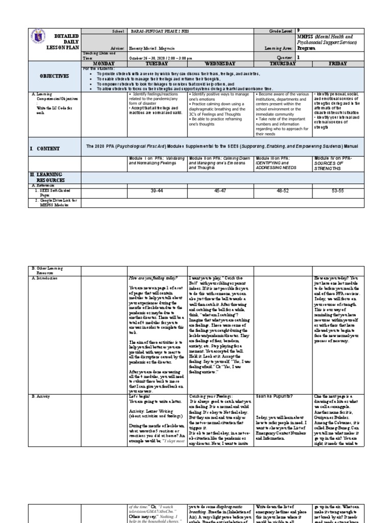 Detailed DLP For The Provision of The 2020 PFA Modules | PDF | Feeling ...
