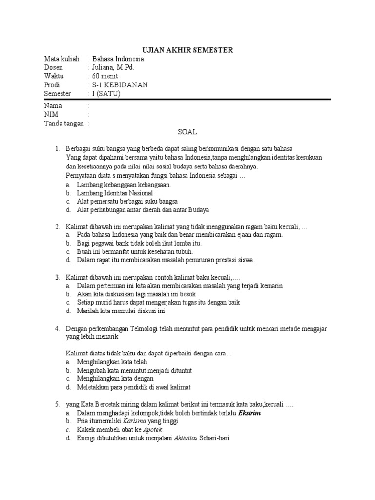 Soal Uas.b.indonesia - Sem 1 S-1 Bidan | PDF