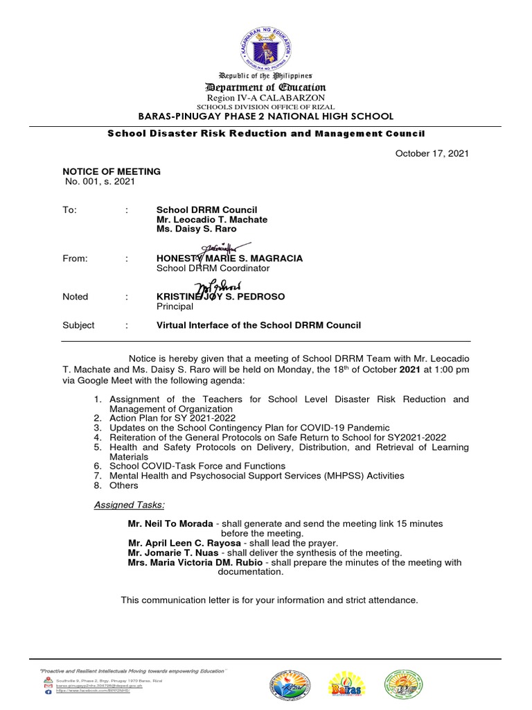 Notice of Meeting No. 001, S. 2021 - SDRRMC | PDF