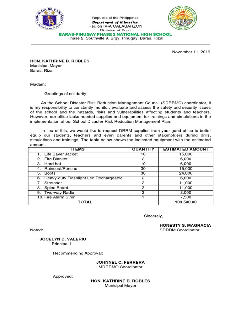 Request Letter For DRRM Equipment | PDF | Risk | Safety
