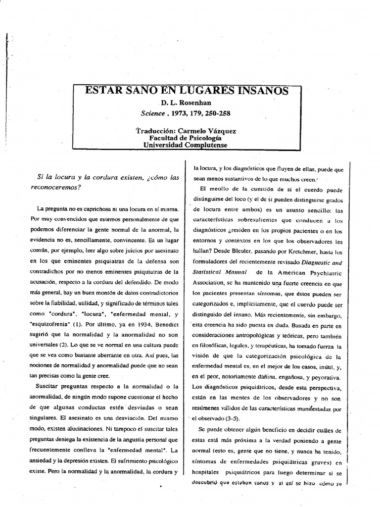 Rosenhan - Estar - Sano - en - Lugares - Insanos - 1973 | PDF