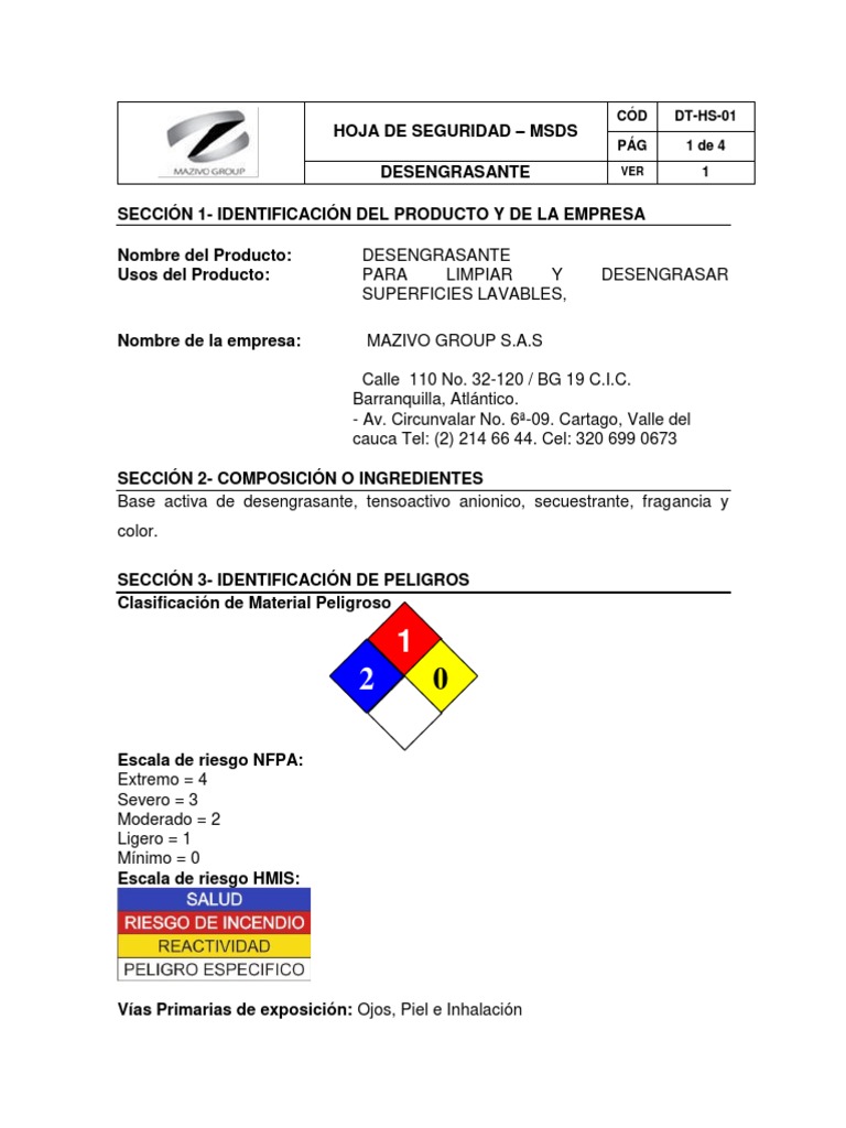 Hoja de Seguridad Desengrasante | PDF | Agua | Química Hoja de Seguridad Desengrasante | PDF | Agua | Química