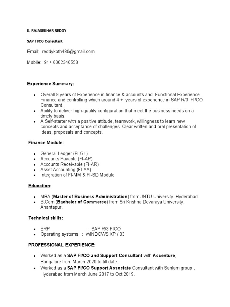 SAP FICO Sample Resume | PDF | Consultant | Accounting