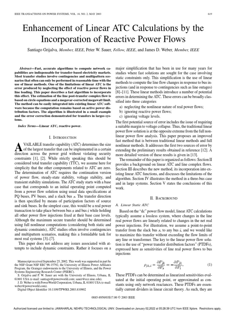 Enhancement of Linear ATC Calculations by The Incorporation of Reactive Power Flows | PDF ...