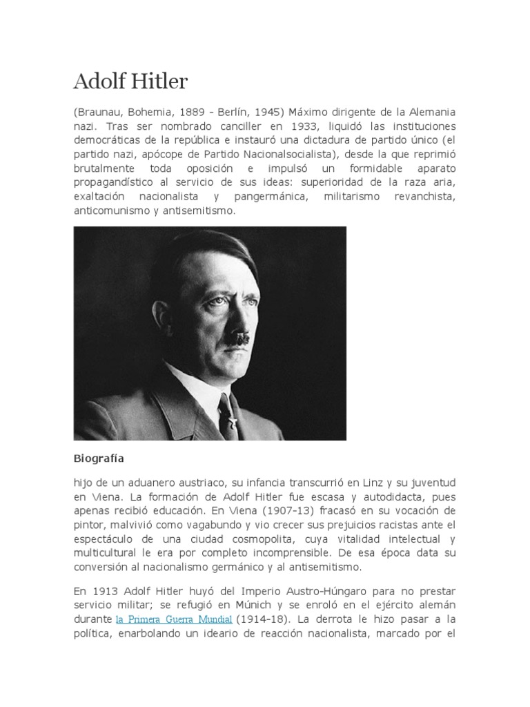 Biografía de Adolf Hitler: Resumen | PDF | Alemania nazi | Adolf Hitler