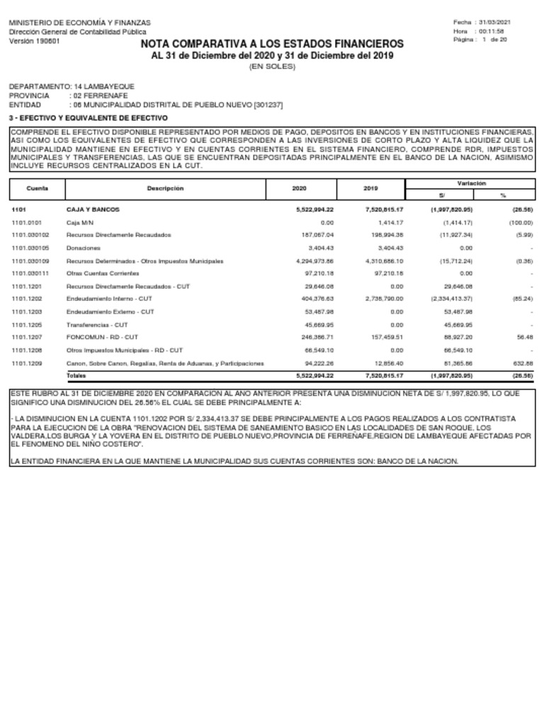 Notas Comparativas A Los Eeff | PDF | Contabilidad | Bancos