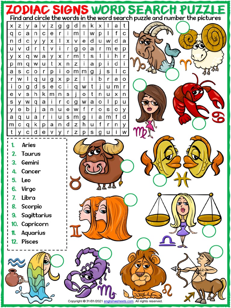 Zodiac Signs Vocabulary Esl Word Search Puzzle Worksheet For Kids | PDF