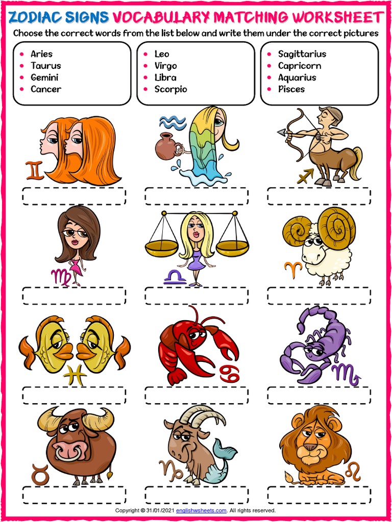 Zodiac Signs Vocabulary Esl Matching Exercise Worksheet For Kids | PDF