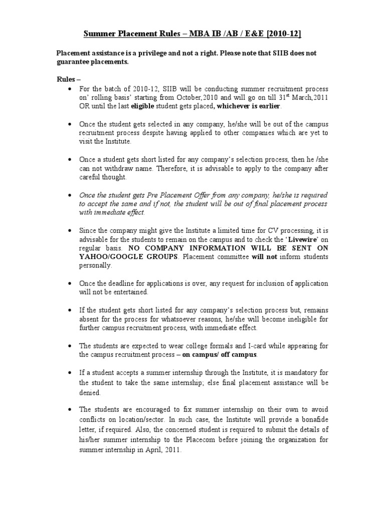 SIIB Summer Placement Rules 2010-12 | PDF | Internship | Job Hunting