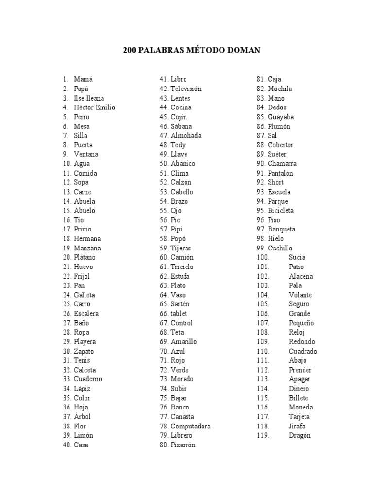 200 Palabras Método Doman - Vocabulario | PDF | Alimentos | Cocina