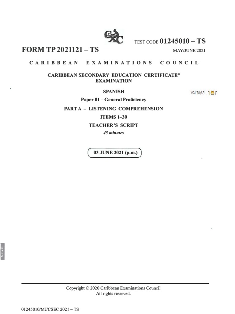 CSEC Spanish June 2021 P1 Teachers Script VI IL | PDF