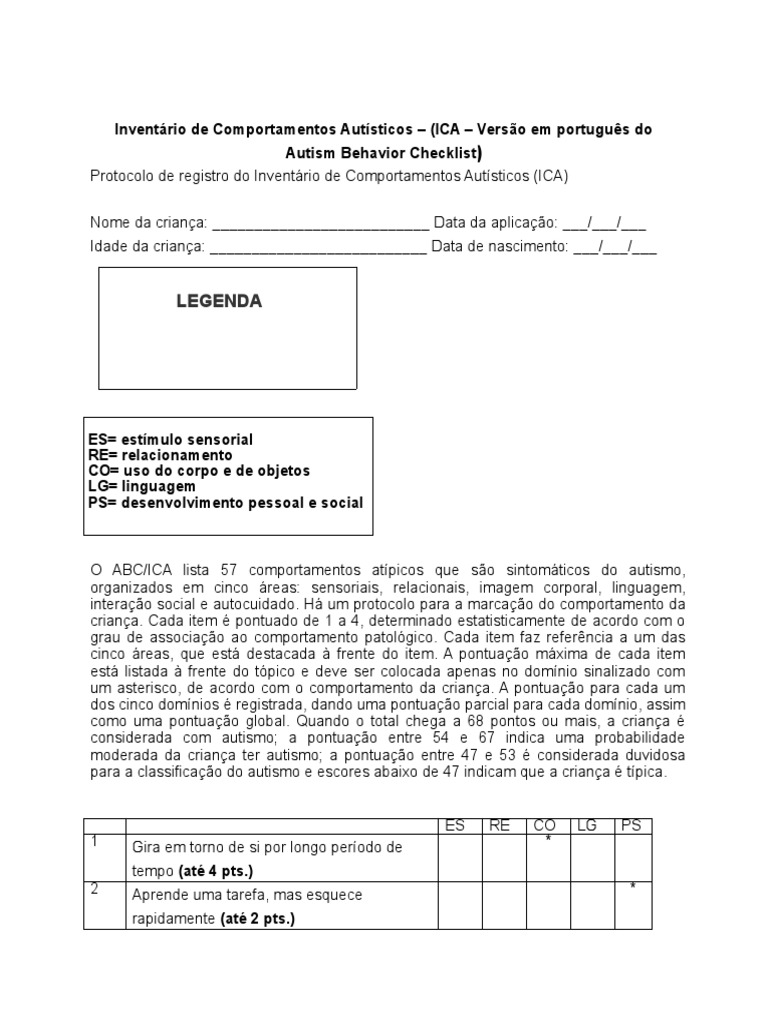Autism Behavior Checklist at | PDF | Neurociência | Ciência cognitiva