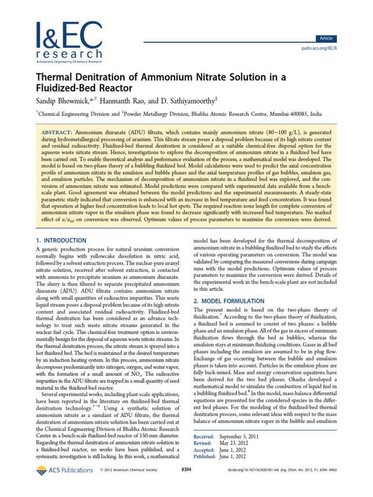 Thermal Denitration of Ammonium Nitrate Solution in A Fluidized-Bed Reactor | PDF | Heat ...