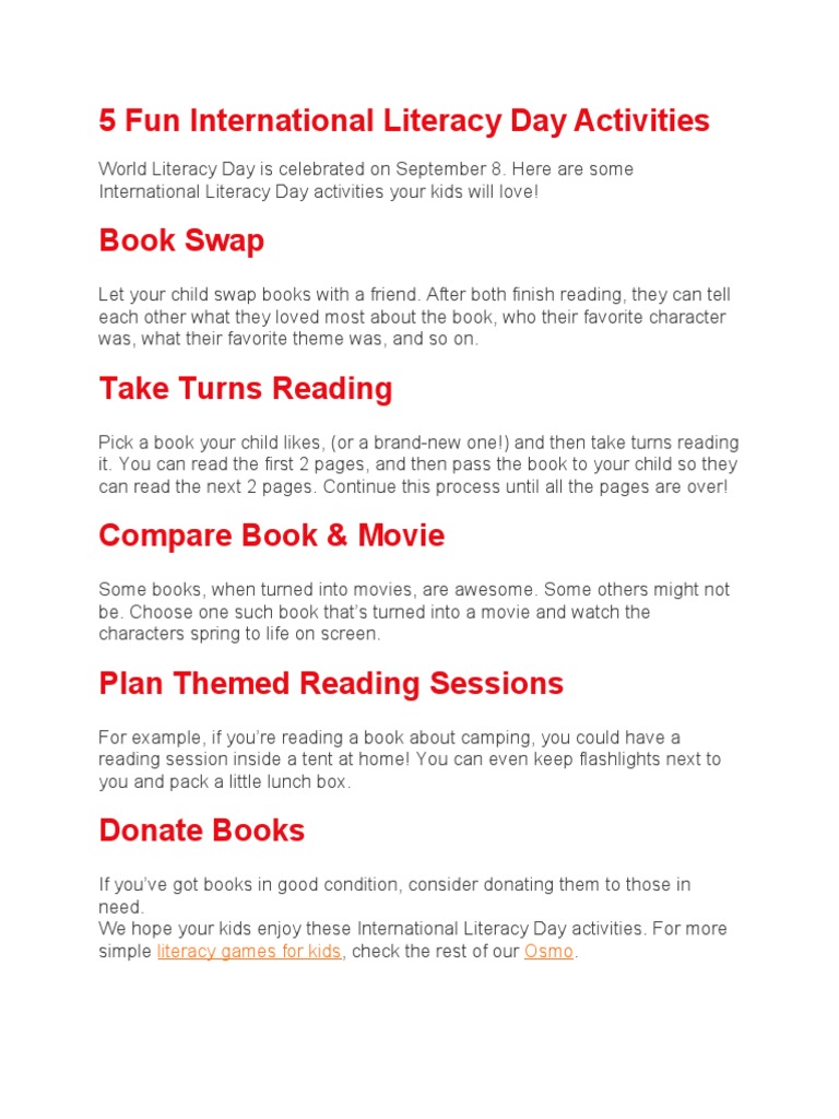 5 Fun International Literacy Day Activities | PDF